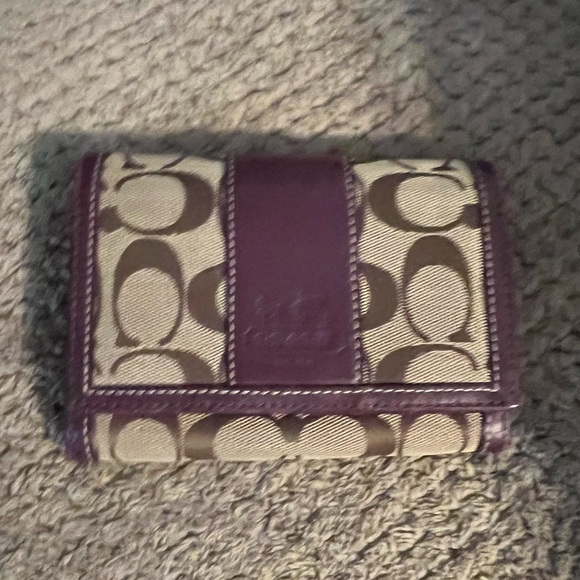 Coach | Bags | Coach Compact Signature Wallet In Khaki And Plum Euc ...